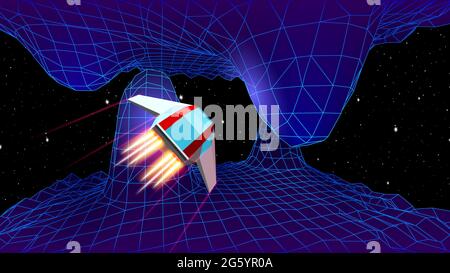 Arcade space ship flying to the gateway in blue corridor 3D landscape ...