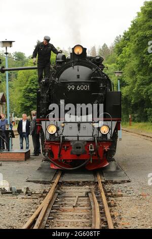 historical narrow-gauge selke valley railway in the Harz Mountains on a ...