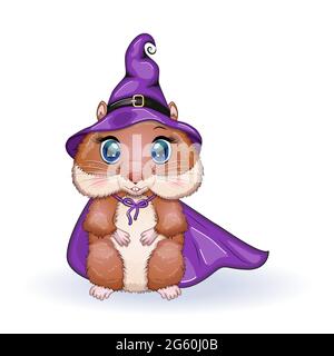 Cartoon hamster wearing a purple witch hat and cloak. Halloween poster ...