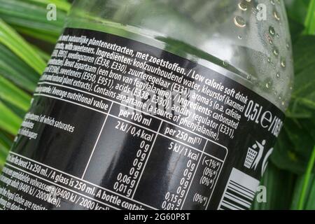Close-up shot of zero sugar Pepsi Max drink ingredient list showing E ...