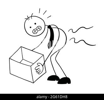 Stickman businessman character hurts back when lifting box, vector ...