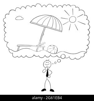 Stickman businessman character dreams of going on vacation, vector ...