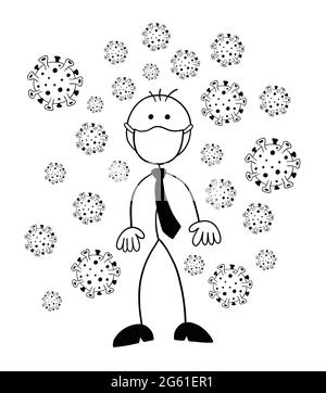 stickman wearing protective face mask holding sign with text STAY SAFE ...