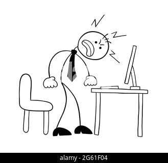 Stickman businessman character getting angry at the computer, vector ...