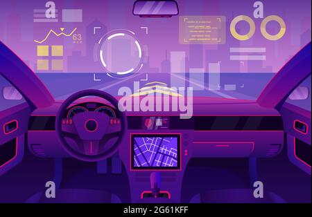 Design inside the car vector cartoon outline illustration. Driver view ...