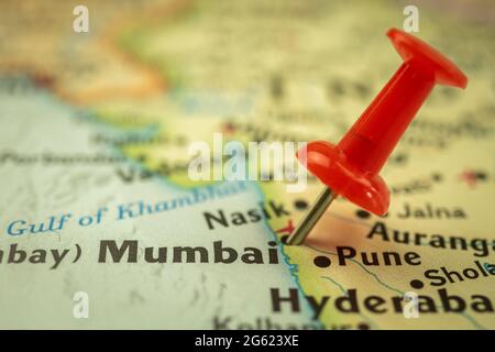 Close up of atlas map of Mumbai, India which was formerly known as ...