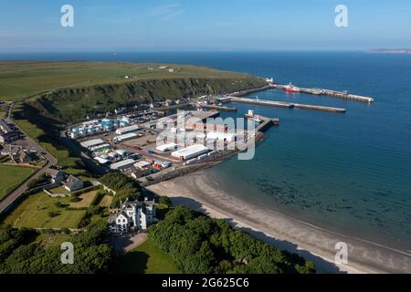 Aerial view of Scrabster harbour and ferry terminal, Scrabster, Thurso ...
