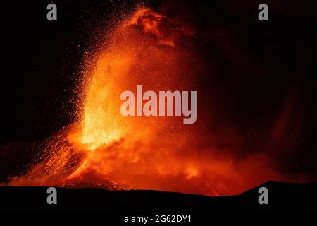 CATANIA, ETNA, ITALY - July 02, 2021: Eruption of the Etna volcano in ...