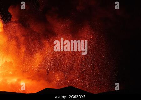 CATANIA, ETNA, ITALY - July 02, 2021: Eruption of the Etna volcano in ...