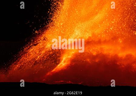 CATANIA, ETNA, ITALY - July 02, 2021: Eruption of the Etna volcano in ...
