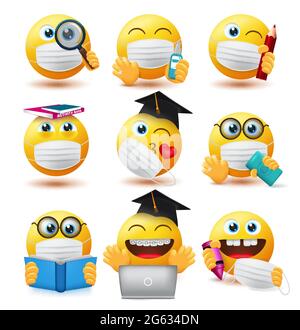 Smiley face student vector emoticons set with facial expressions and ...