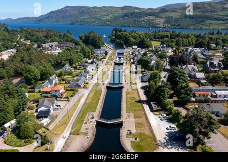 Aerial view of the Caledonian Canal and canal locks at Fort Augustus ...