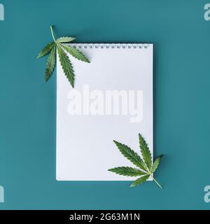 Blank sheet of notepad with hemp leaves and hemp oil on green ...
