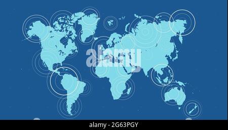 Blue world map with radiating white concentric circles over territories ...