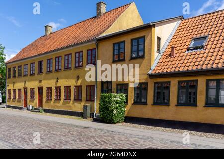 Koge, Denmark - 12 June, 2021- historic old city center of Koge with an ...