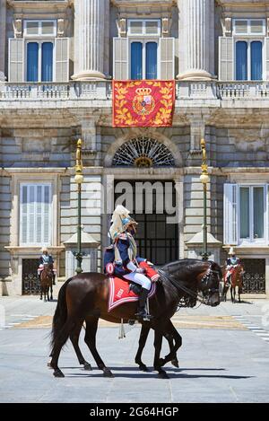 Spain, Madrid, Royal Guard at the East gate of Royal Palace of Madrid ...