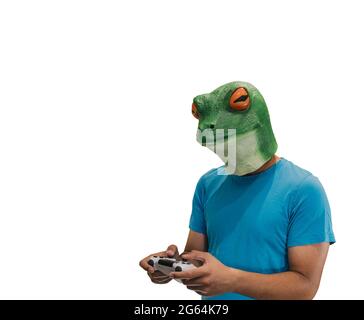 Crazy funny businessman in curly wig doing horn sign on grey copy space ...