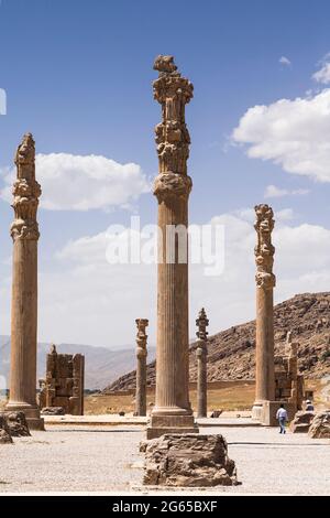 Persepolis, massive stone pillars of Apadana ruins, capital of ...