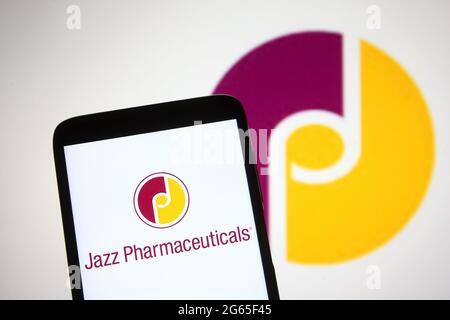 In this photo illustration, the Jazz Pharmaceuticals logo is seen ...