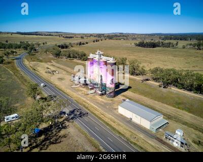 Aerial of the Three Moons artwork mural painted on grain silos near ...