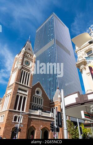 Historic architecture of the tower of Perth town hall in front of a ...