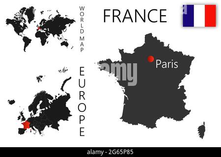 France country simplified map. White silhouette with black broken ...
