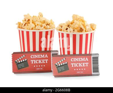 Buckets with tasty popcorn and cinema tickets on white background Stock ...