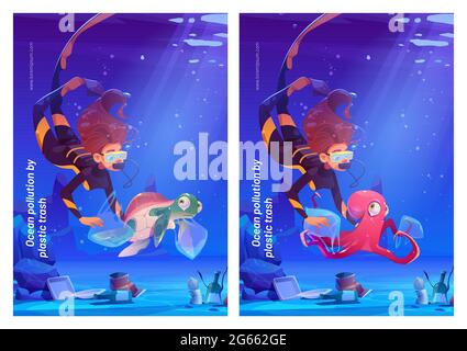 Save ocean cartoon posters with underwater animals and trash in sea ...