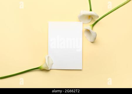 Beautiful calla lilies and blank card on color background Stock Photo ...