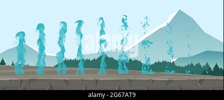 Vector illustration set of water geysers, fountains and spray eruption ...