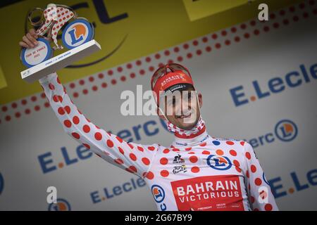 Dutch Wout Poels of Bahrain Victorious celebrates in the red polka-dot ...