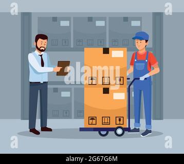 delivery workers with cart and boxes Stock Vector Image & Art - Alamy