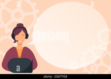 Lady Call Center Illustration With Headphones And Computer Speech ...