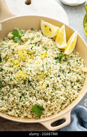 Organic Raw Cauliflower Rice in a Bowl, top view. Flat lay, overhead ...
