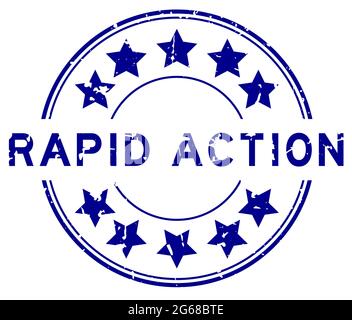 Grunge blue immediate action word oval rubber seal stamp on white ...