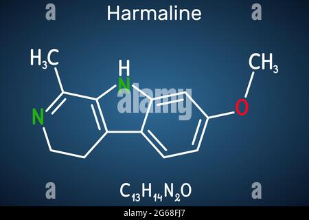 Harmaline molecule. It is fluorescent indole alkaloid. Skeletal ...