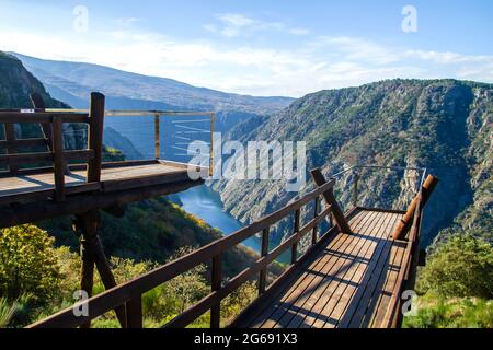 Wooden walkway with views over the Sil river Canyon in Ribeira Sacra ...