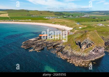 Aerial view from drone of Dunaverty Rock on Dunaverty Bay Beach on ...