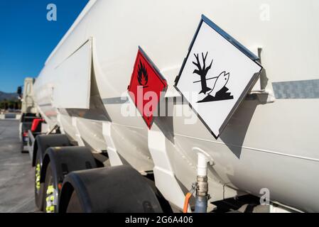 Danger labels on a tanker truck for dangerous goods, indicative of ...