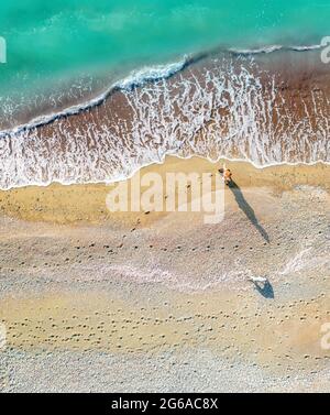 Top view shot of a seashore golden sand with small stones and dry ...