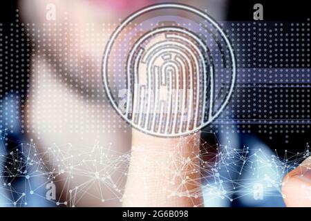 persons hand and 3d finger print hologram in front of him Stock Photo ...