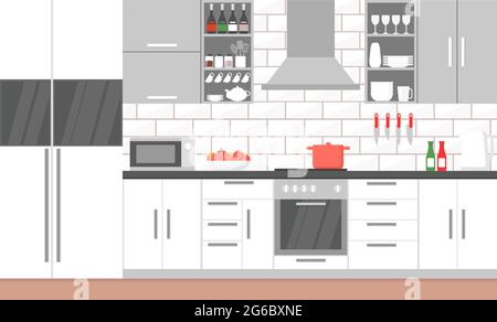 Modern white kitchen interior. Vector flat cartoon illustration. House ...