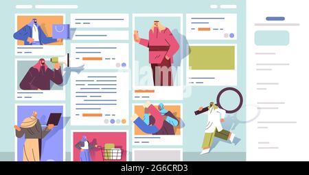 arab businesspeople in web browser windows discussing during virtual ...