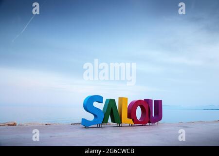 large salou sign on the beach front looking out to sea Stock Photo - Alamy