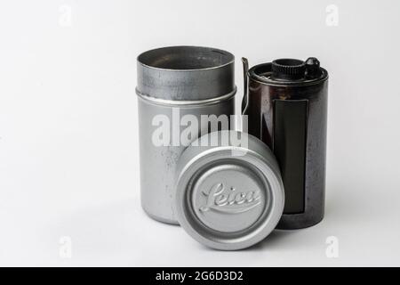 Old Leica film cartridge and a grey tin box Stock Photo - Alamy