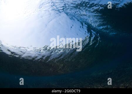 Underwater view of rough rocky bottom of sea with blue water at daytime ...