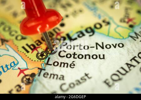 Location Cotonou in Benin, map with push pin closeup, travel and ...