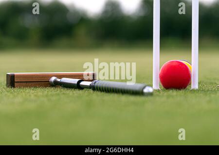 croquet mallet, wicket and colorful balls on a green lawn Stock Photo ...