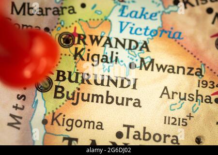 Location Burundi and Bujumbura, map with push pin closeup, travel and ...
