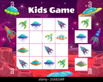Kids board game with ufo saucers in space vector template. Step ...